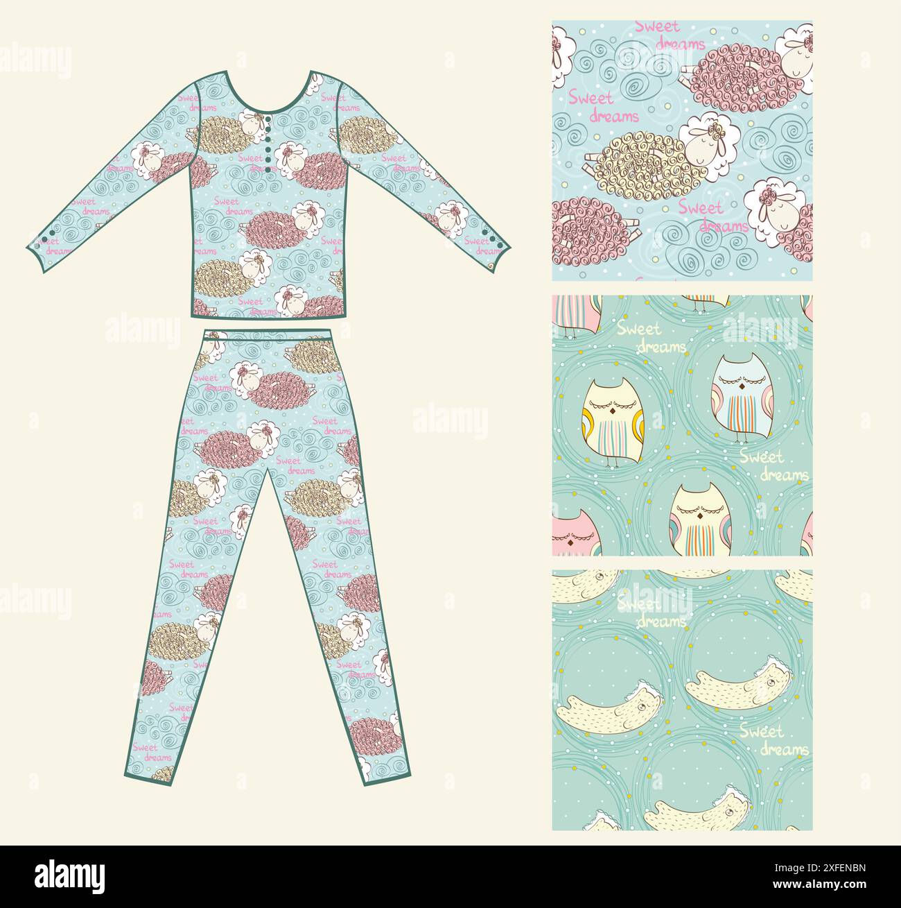 Set of seamless pattern with sleeping animals pajamas Stock Vector ...