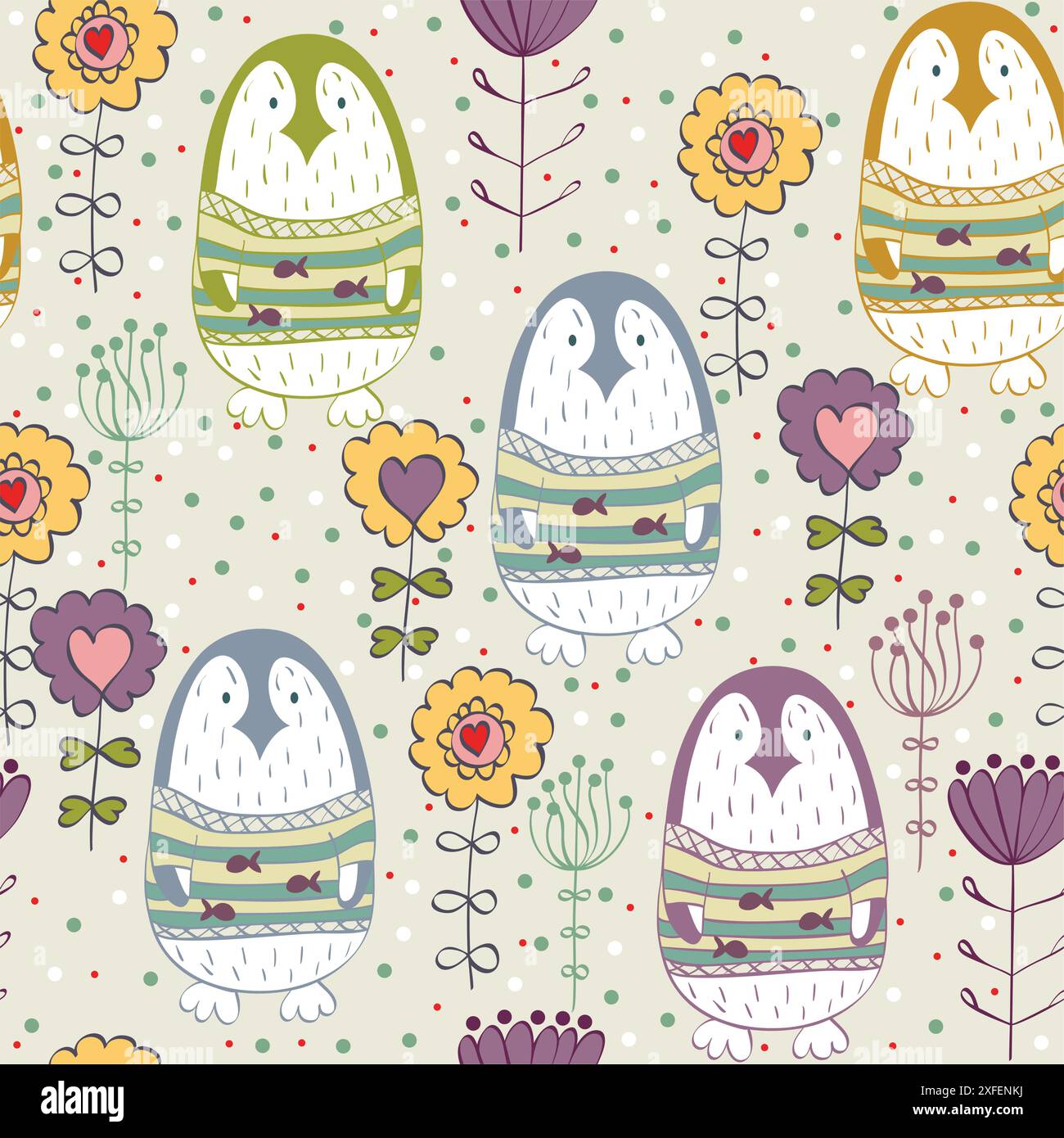 Cute cartoon penguin in spring flowers. Seamless pattern Stock Vector ...