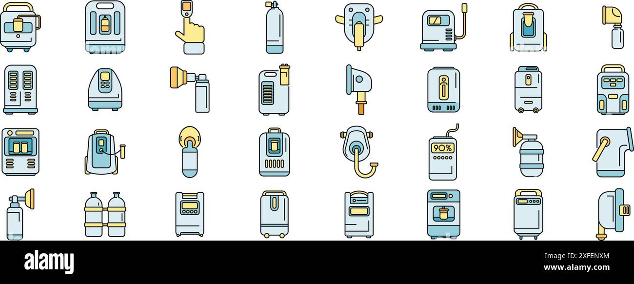 Medical oxygen concentrator icons set outline vector. Aid doctor. Air ...