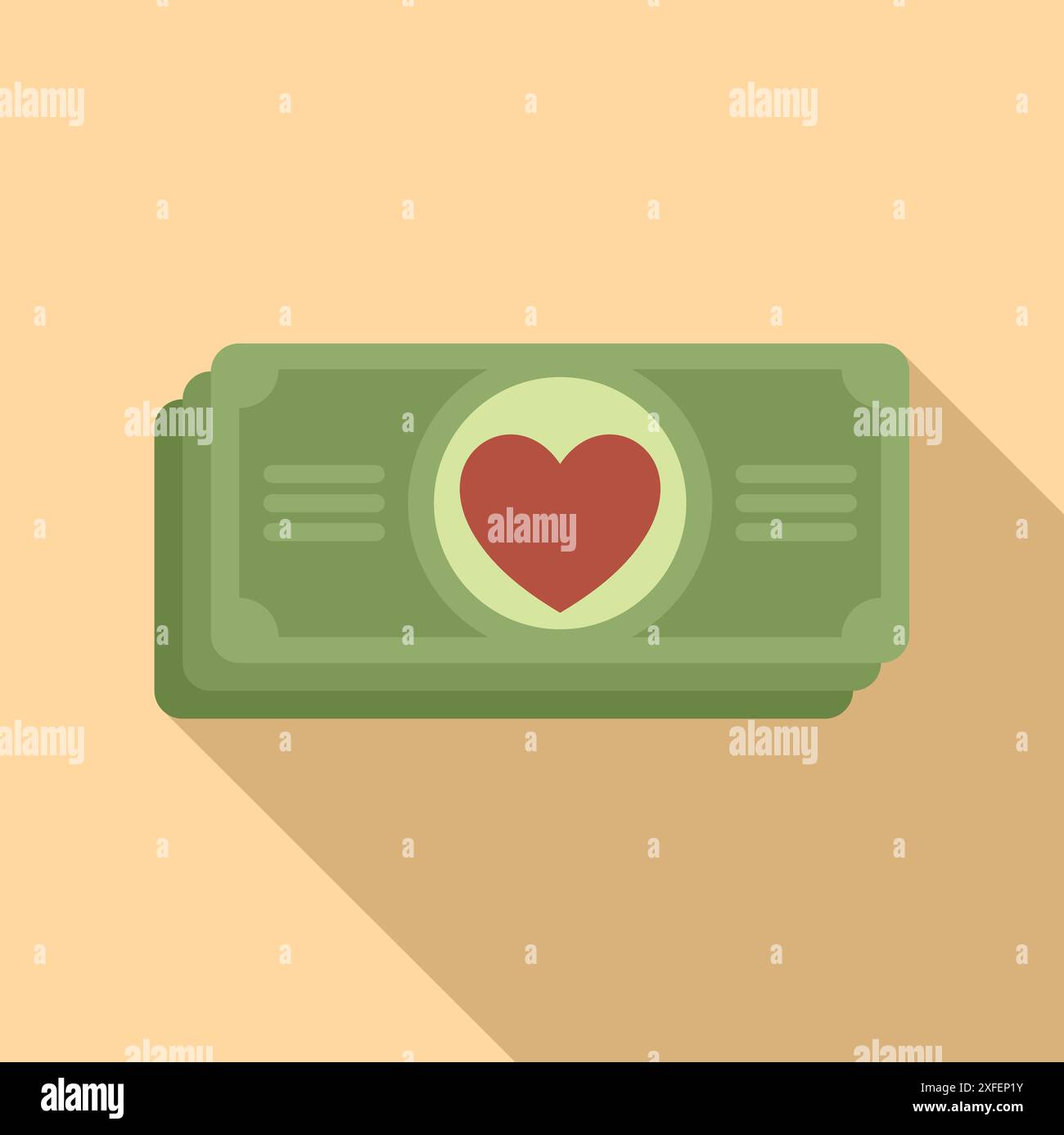 Green paper money with a red heart is a symbol of charitable giving and ...