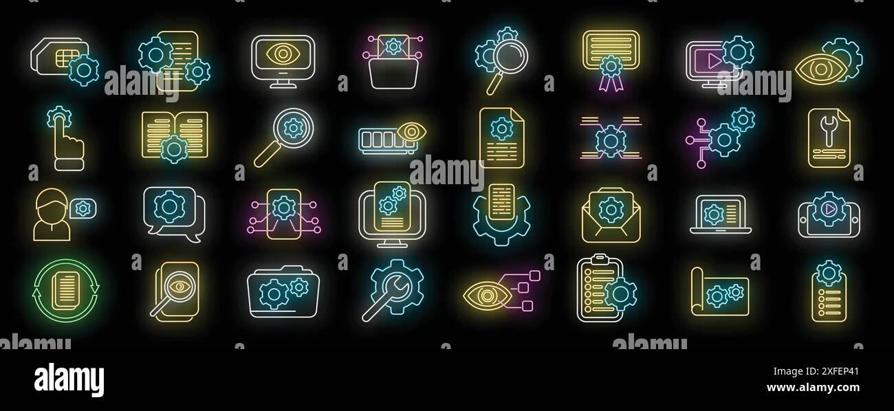 Technical overview icons set outline vector. Phone specification. Camera memory neon color on ...