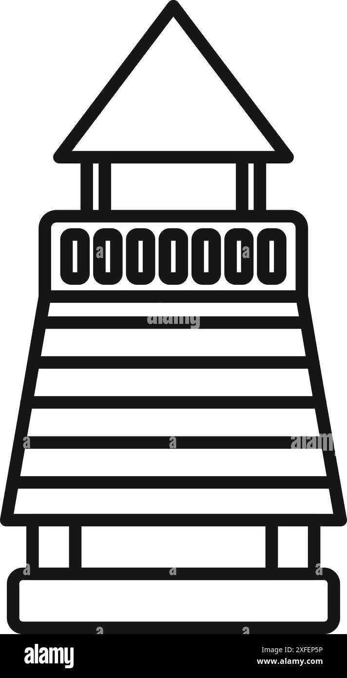 Tall wooden playground slide structure with a platform and roof is ...