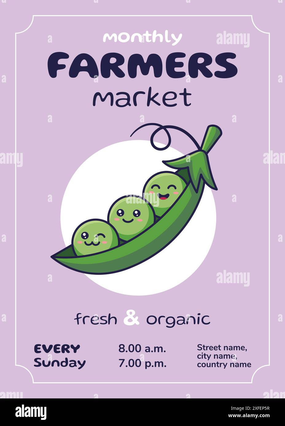 Farmers market flyer with Kawaii green pea character. Manga style ...