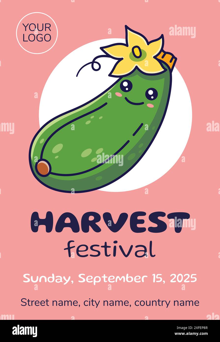 Harvest festival flyer with Kawaii Zucchini character. Kawaii style ...