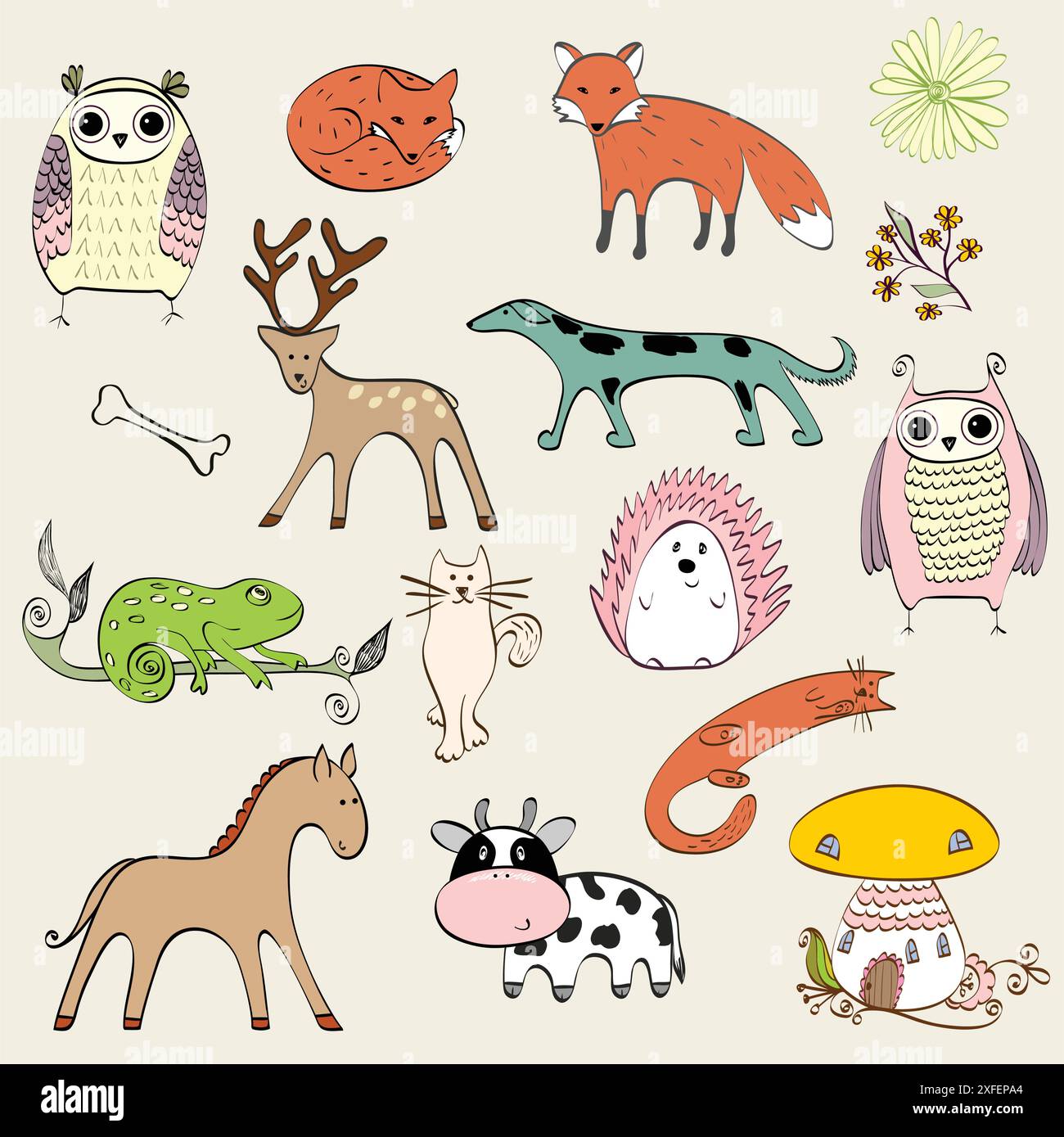 set of cartoon animals. Hand drawn illustration Stock Vector Image ...