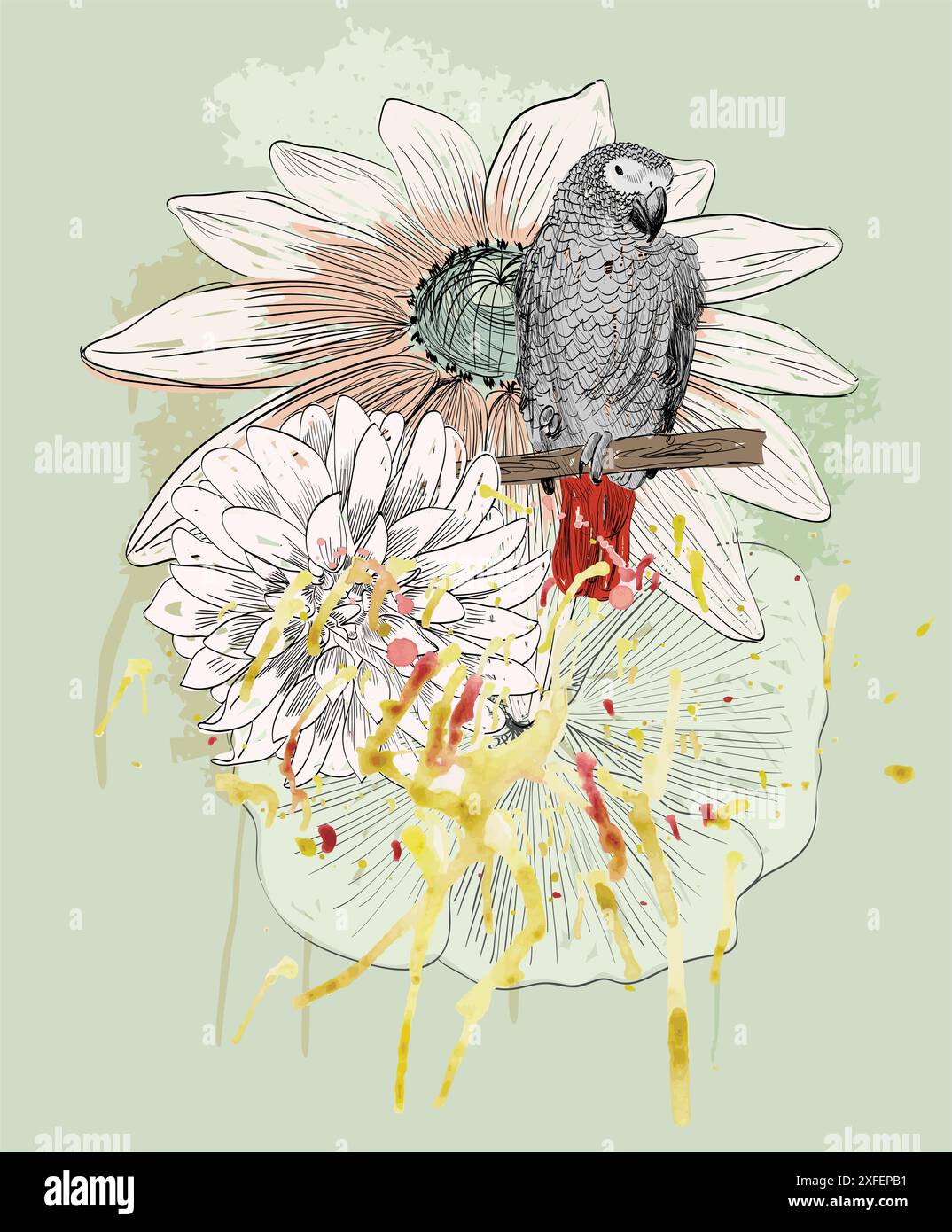 Vector sketch of a parrot with flowers. Hand drawn illustration Stock ...