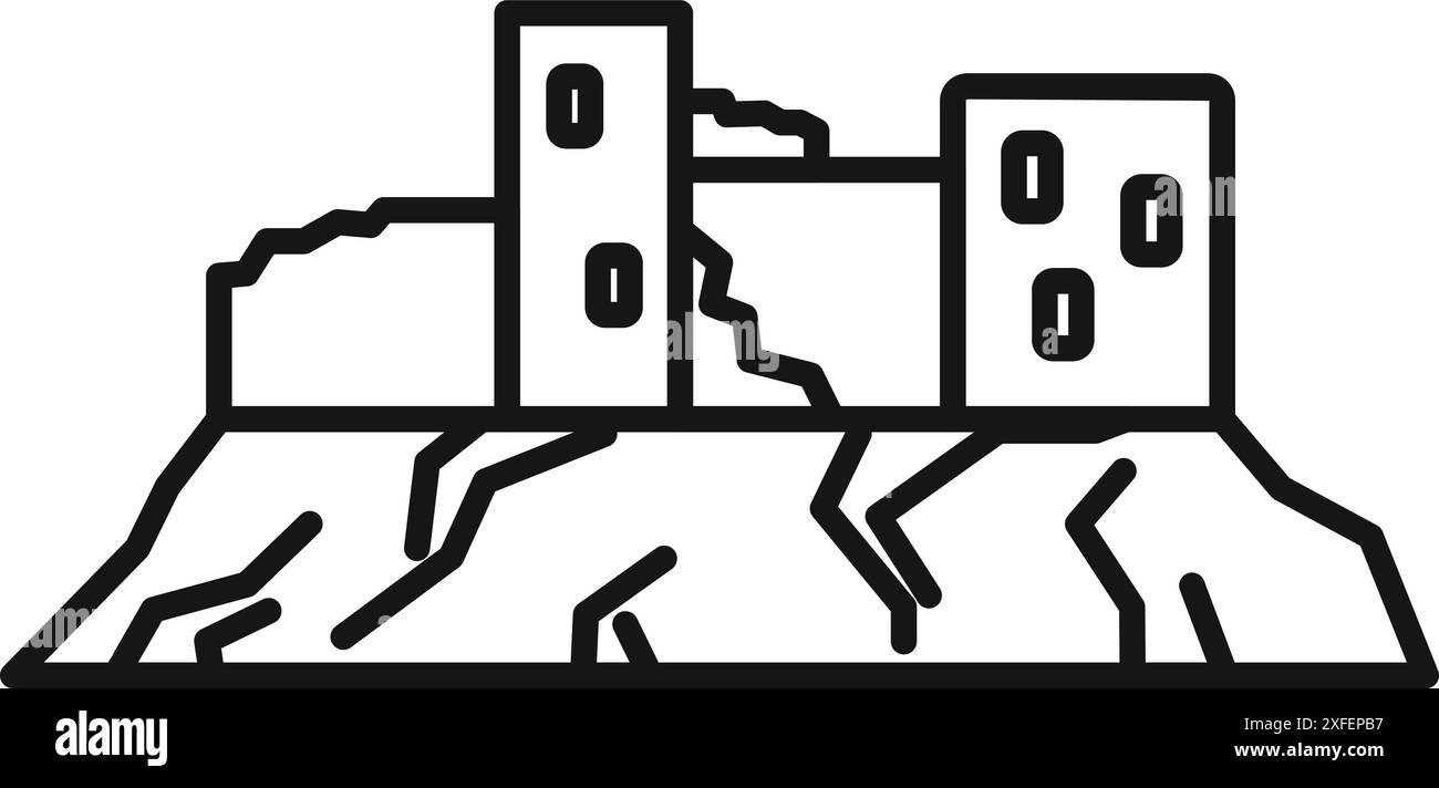 Line art icon of an earthquake destroying buildings on top of a ...