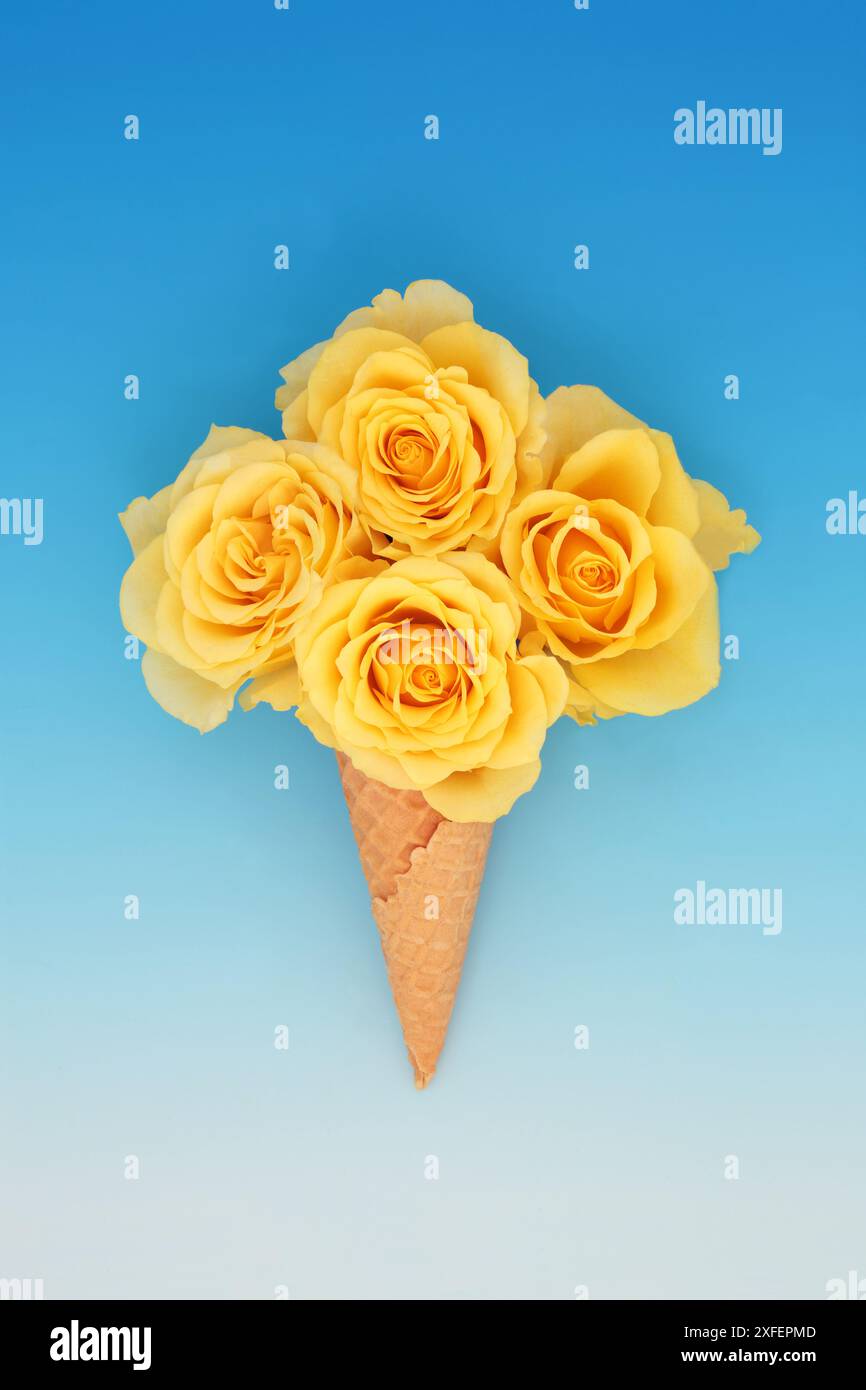 Surreal summer ice cream cone with yellow rose flowers on gradient blue ...