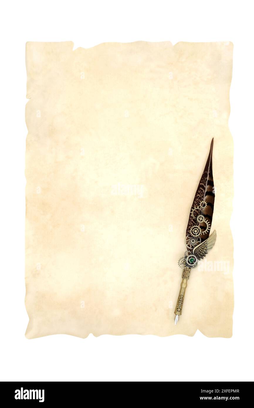 Parchment paper scroll with old feather quill nib pen on white ...