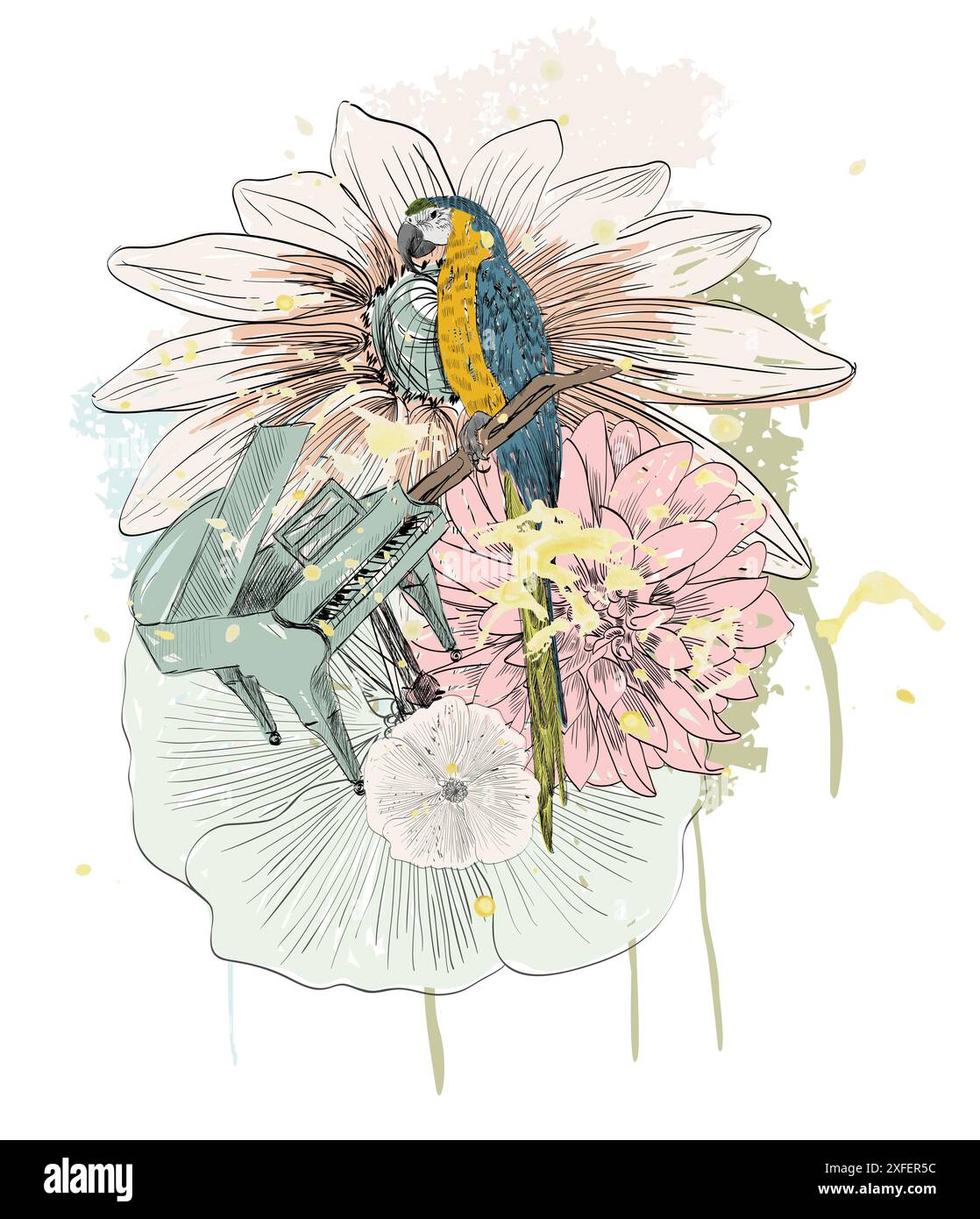 Vector sketch of a parrot with flowers. Hand drawn illustration Stock ...