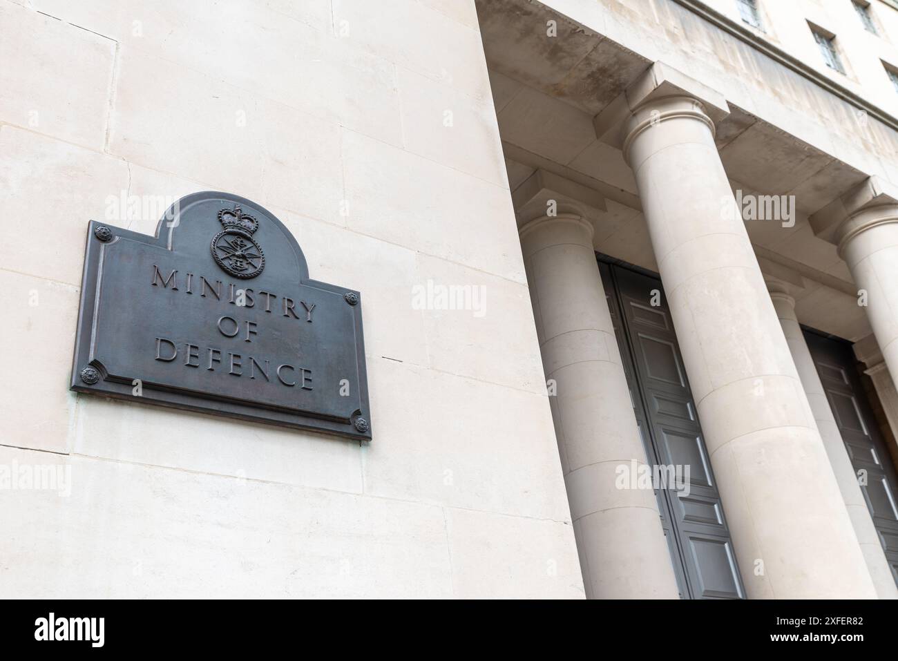 Ministry of Defence sign, on the MoD Headquarters building in Whitehall ...