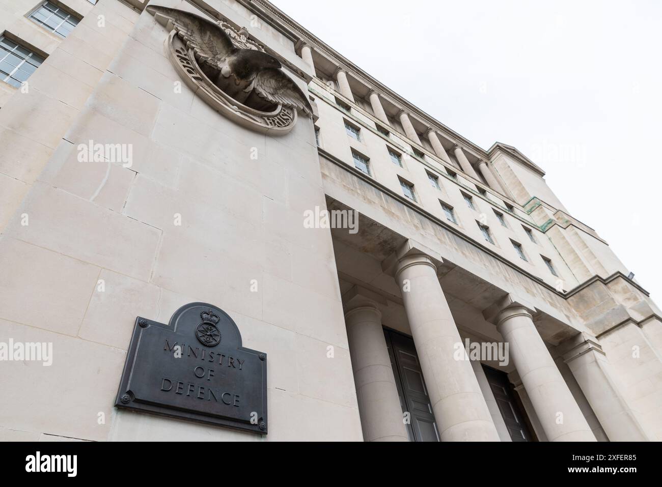 Ministry of Defence sign, on the MoD Headquarters building in Whitehall ...