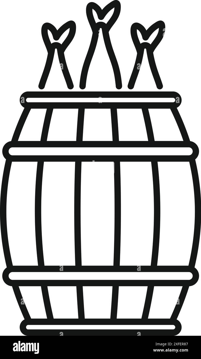 This simple, bold line art icon depicts fish being stored in a barrel ...