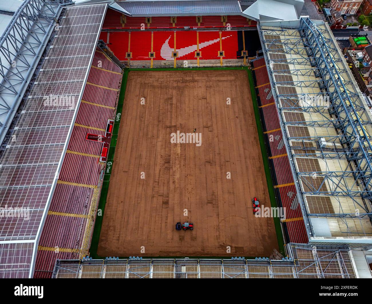 An aerial view of Anfield Stadium where the pitch is being replaced ...