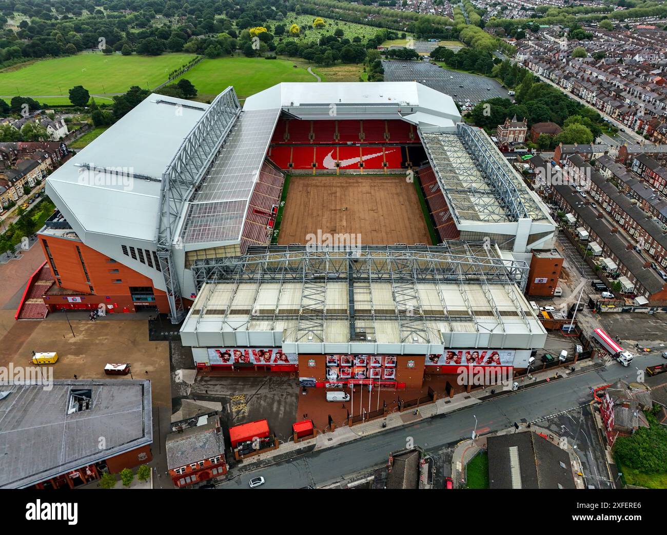 An aerial view of Anfield Stadium where the pitch is being replaced ...