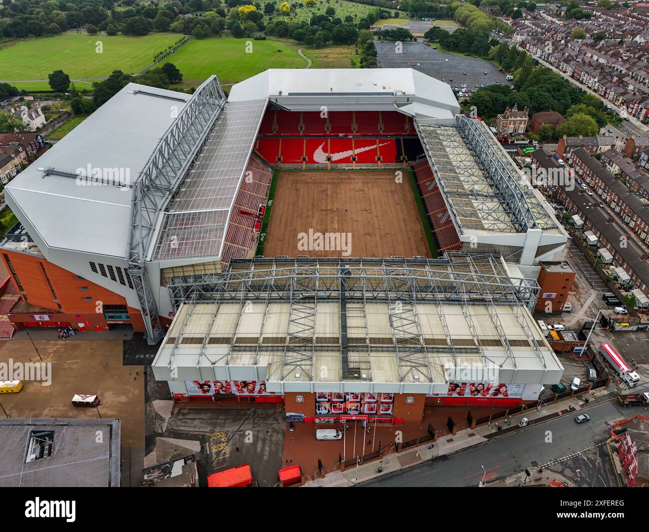 An aerial view of Anfield Stadium where the pitch is being replaced ...