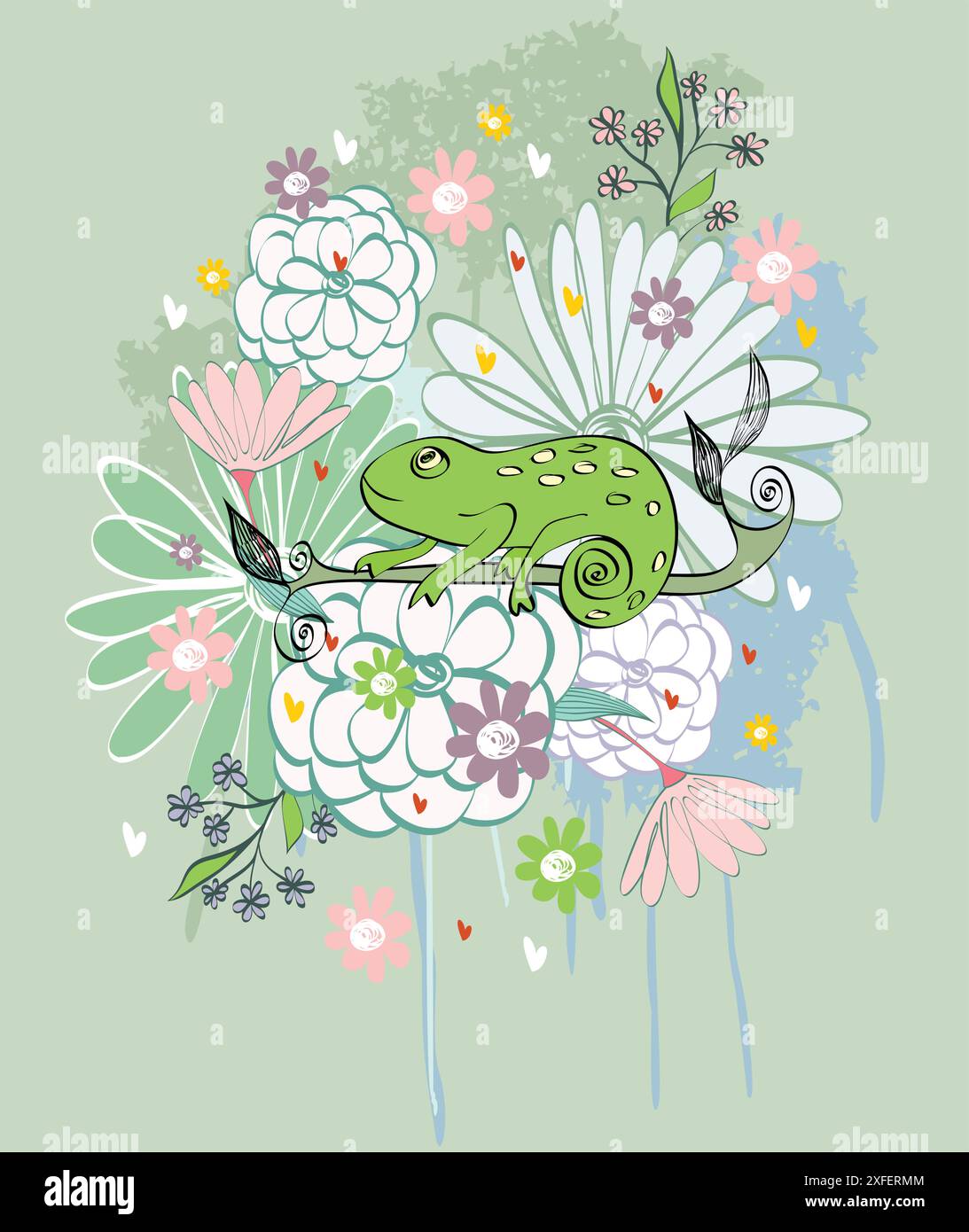 Stylish floral background with cartoon chameleon in light colors Stock ...