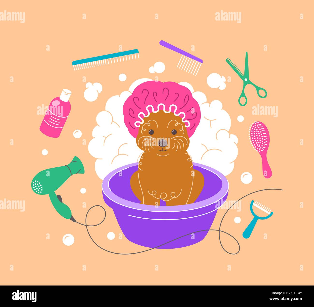 Cute little toy poodle dog in shower cap taking a bath in plastic bowl ...