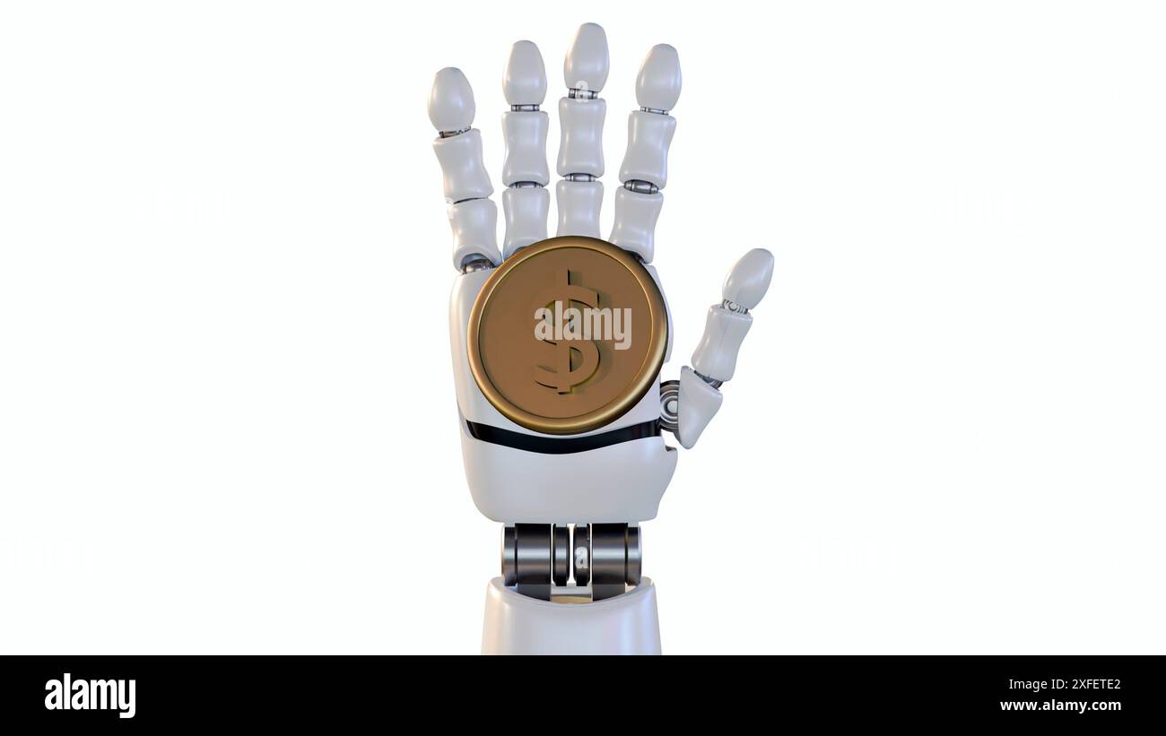 3d rendering of robotic hand and floating golden coin with dollar sign ...