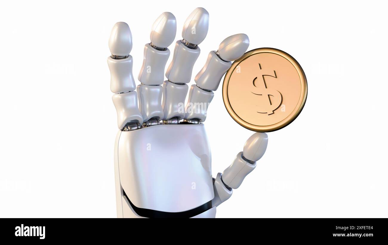 3d rendering of robotic hand and floating golden coin with dollar sign ...