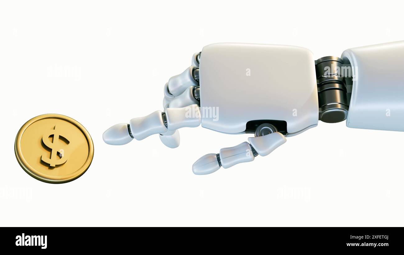 3d rendering of robotic hand and floating golden coin with dollar sign ...