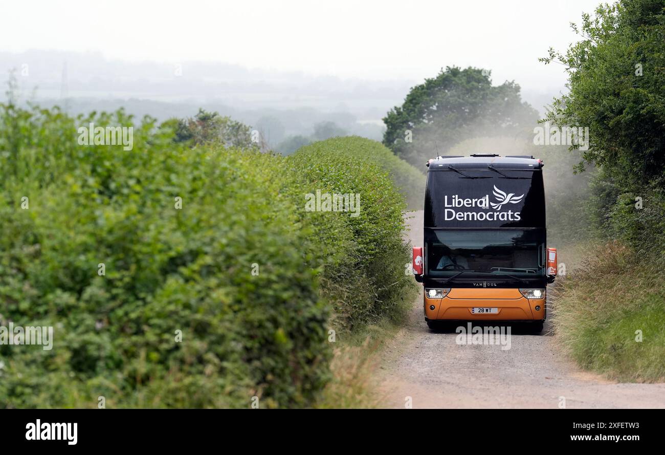 The Liberal Democrats bus arrives for a visit to Owl Lodge in Lacock ...
