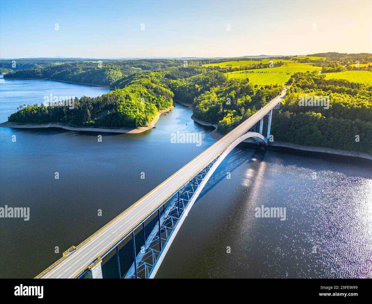 An aerial view of the Zdakov Bridge spanning the Vltava River in the ...