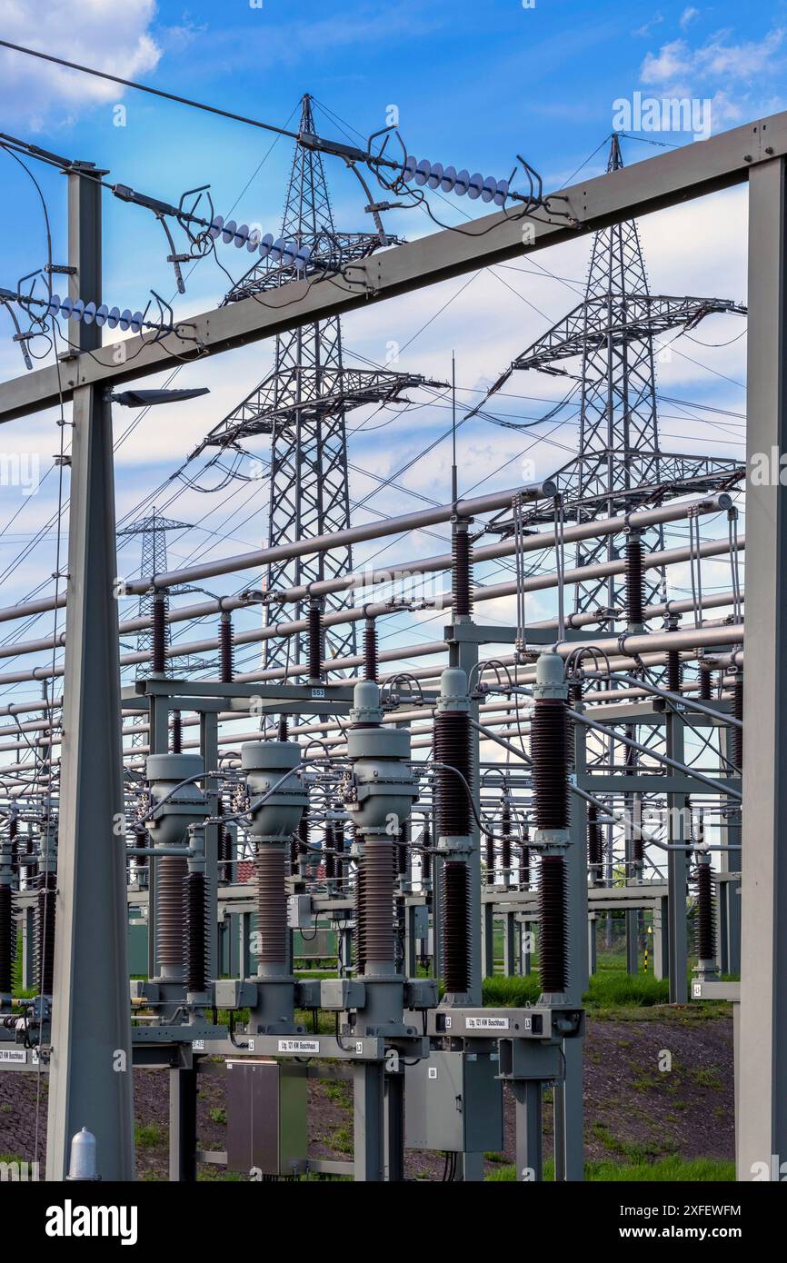 Power pylons with high-voltage lines and insulators at the Avacon ...