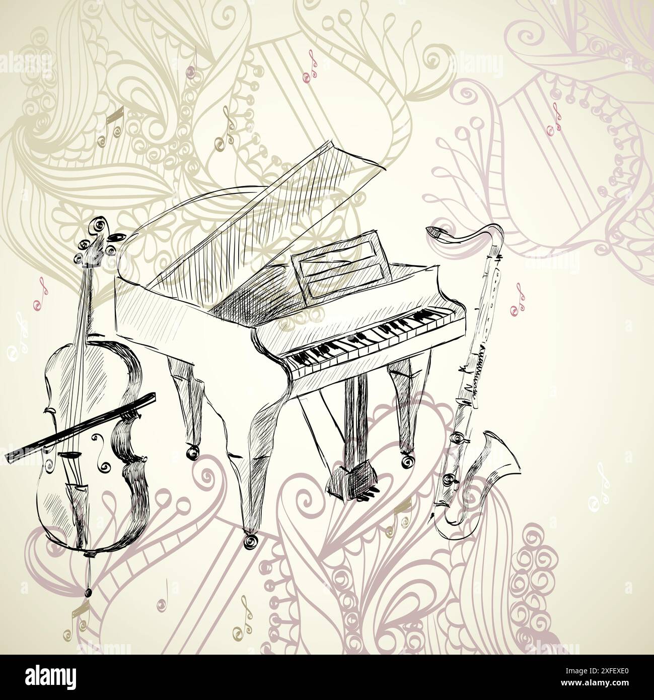 sketch of musical instruments on a beige background Stock Vector Image ...