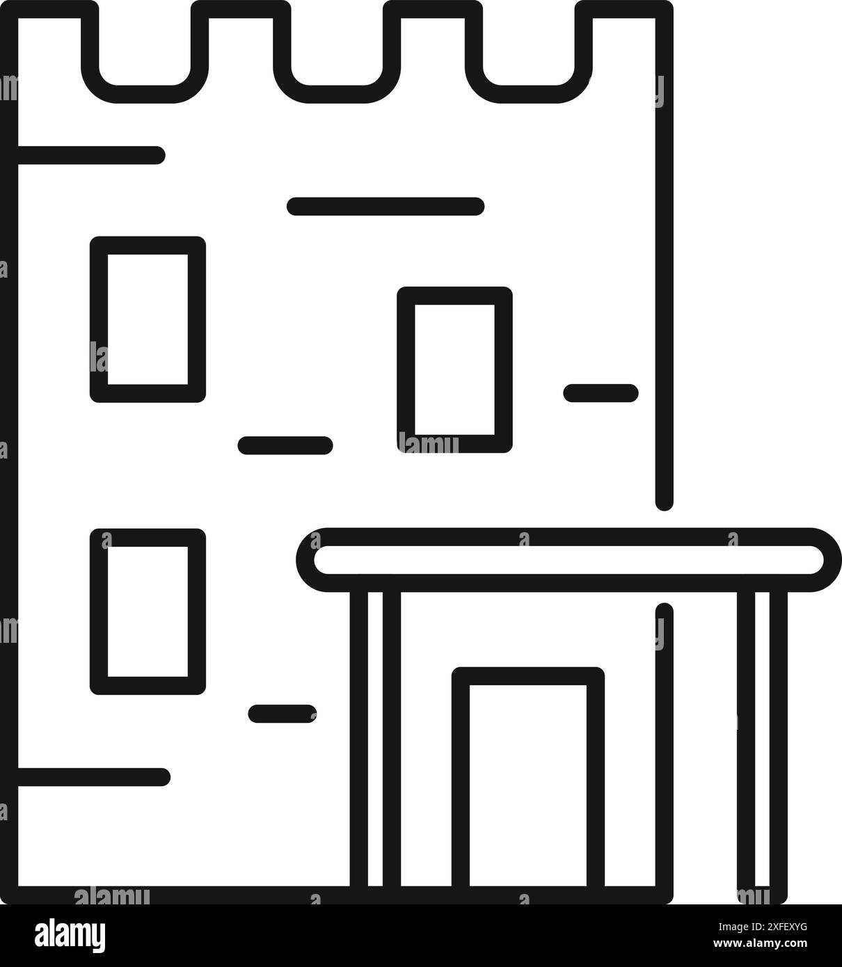 Simple black and white line drawing of a modern building with a canopy ...
