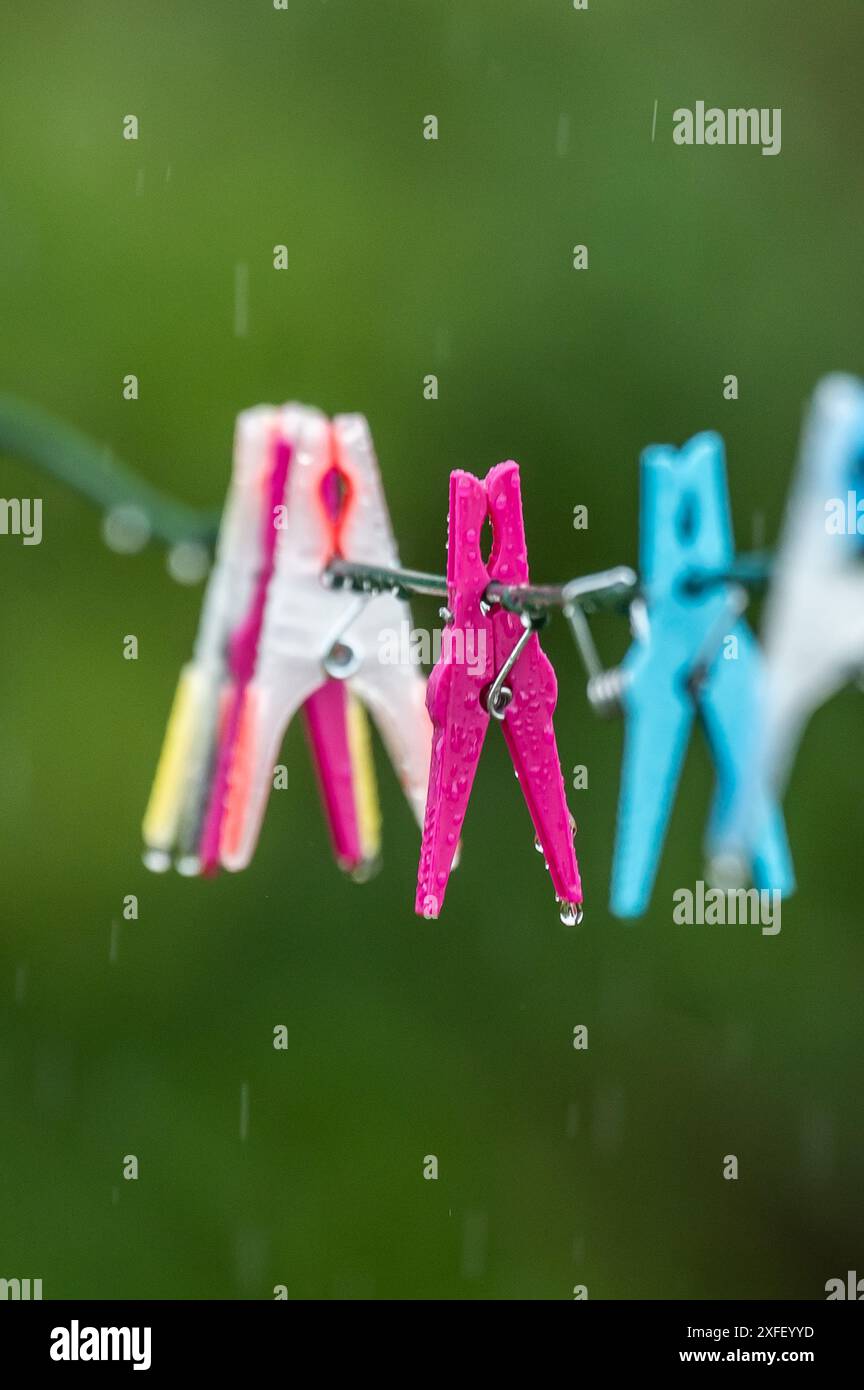 Rottweil, Germany. 03rd July, 2024. Raindrops hang from clothespins on ...