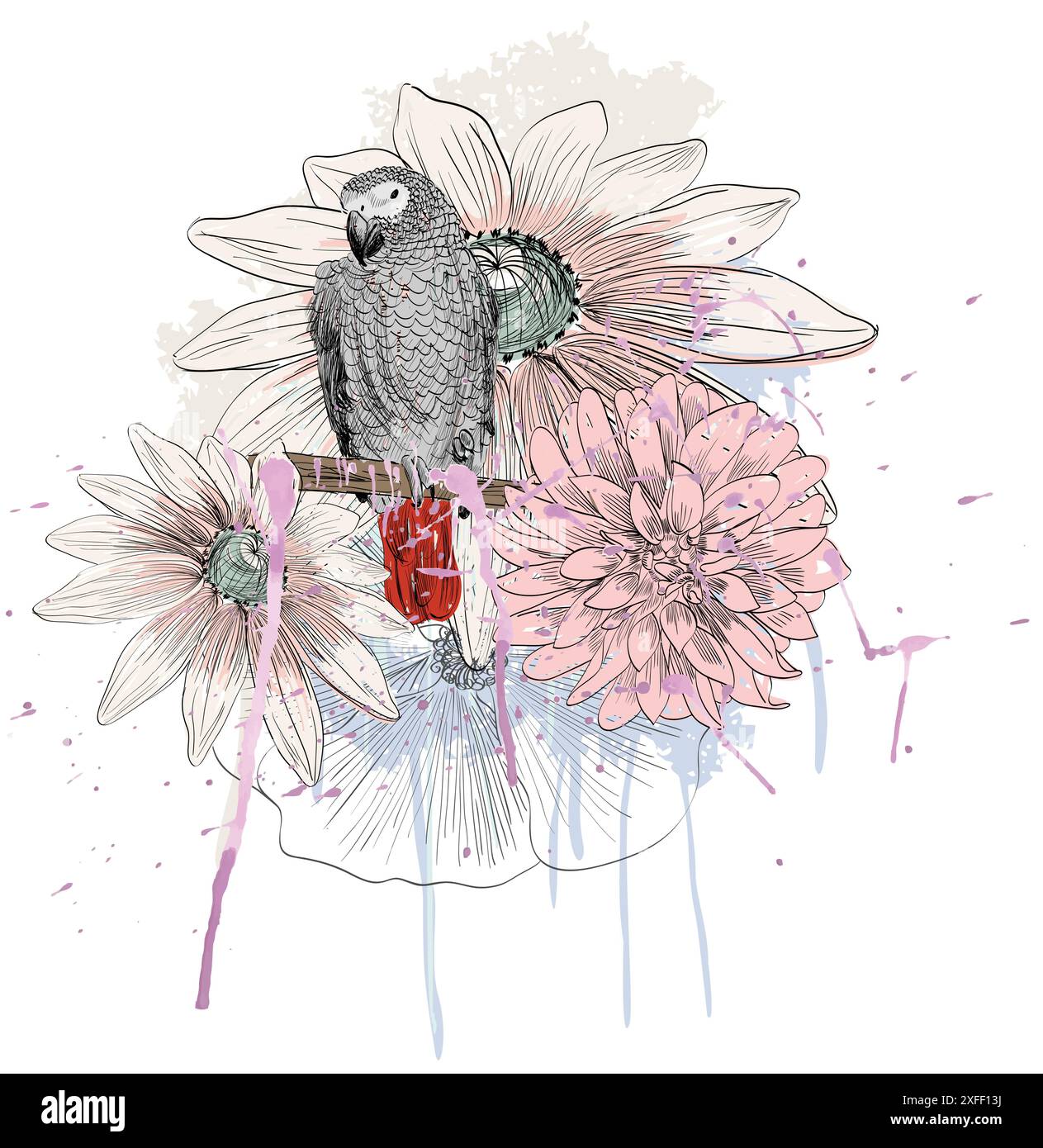 Vector sketch of a parrot with flowers. Hand drawn illustration Stock ...