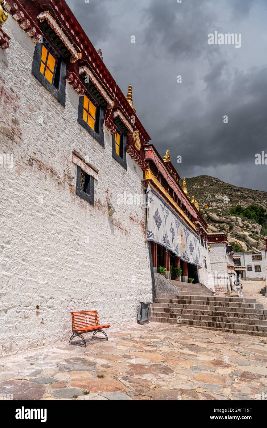 Architecture of white temples in Sera Monastery located in Lhasa, Tibet. Background with sunny ...