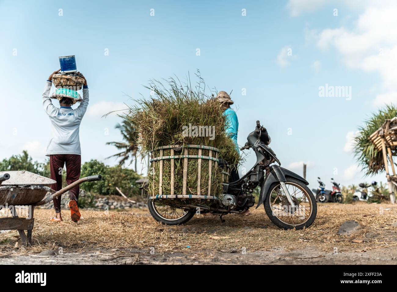 Man riding motorcycle with basket on back Stock Photo - Alamy