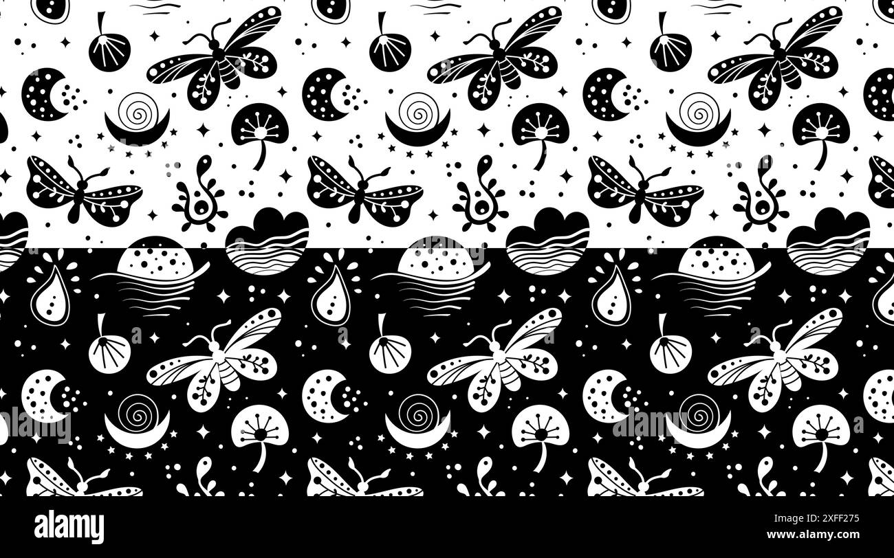 Seamless neo folk patterns set with butterfly, moth and flowers, black ...