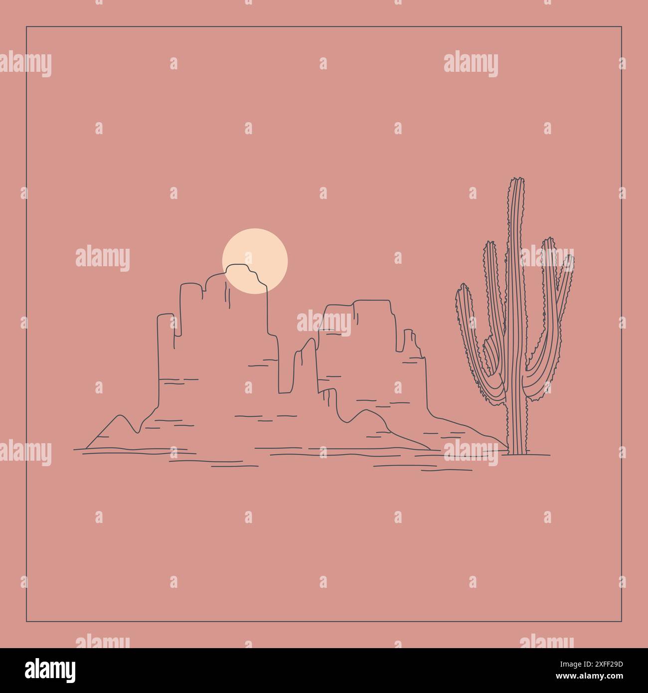 Aesthetic minimalist desert landscape with cactus and mountains. Vector ...