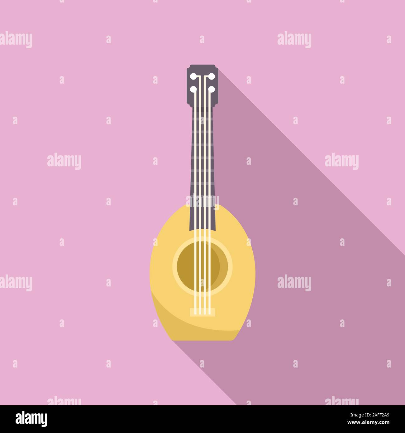 Small guitar with four strings casting a long shadow on a pink ...