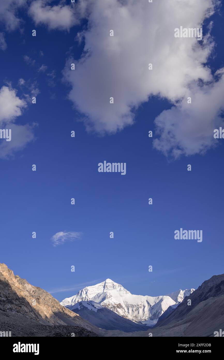 The north face of Mount Everest seen from Rongbuk monastery. A lot of ...