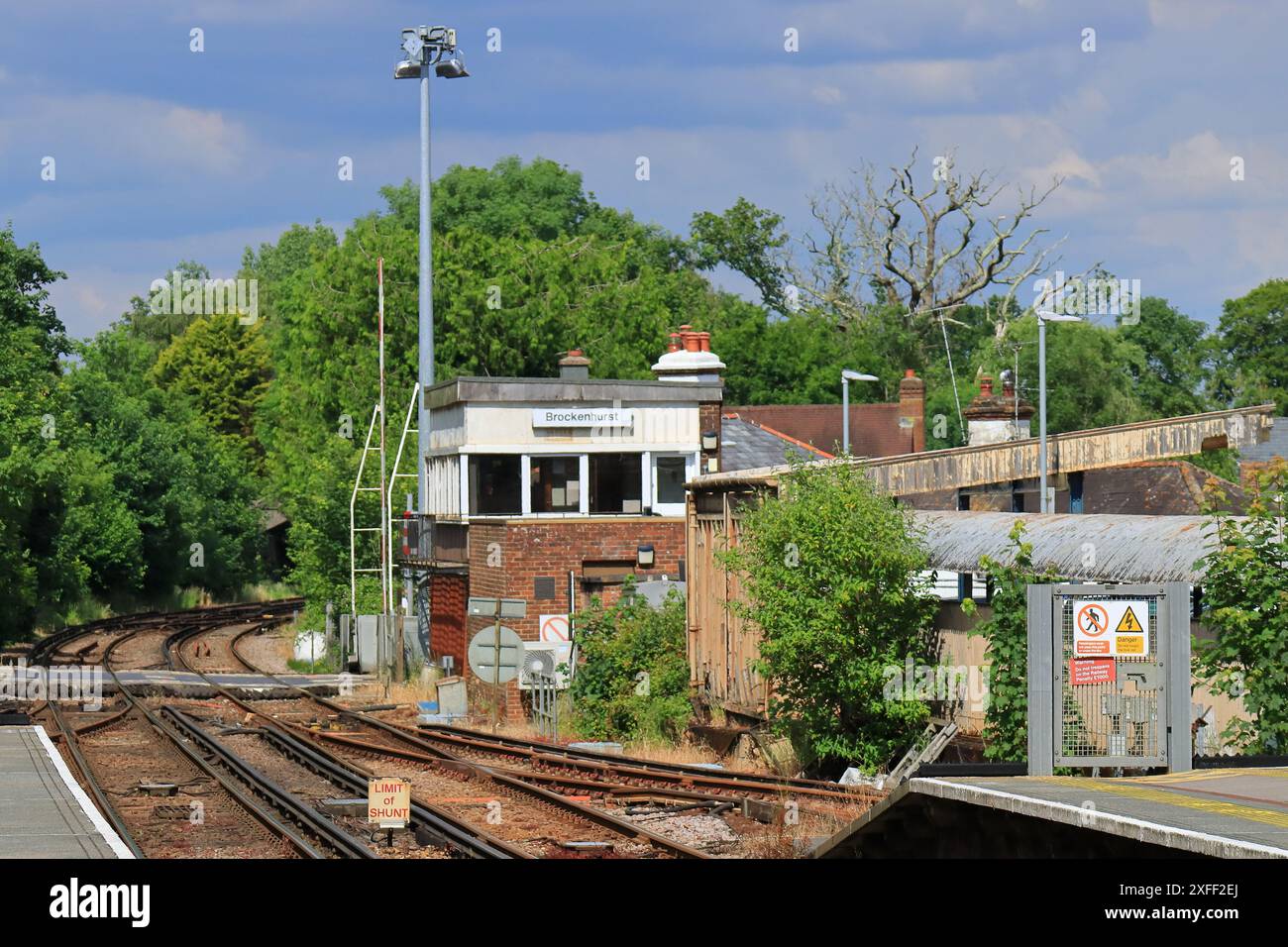 Brockenhurst Station, England. 18 June 2024. The signal box and tracks ...