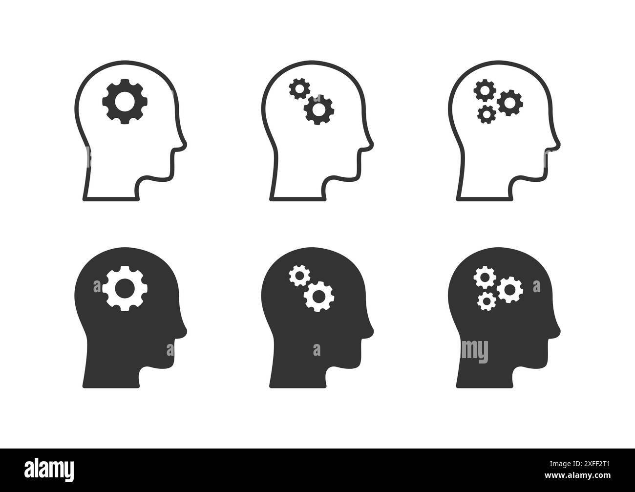 Gear in head icon set. Human head with cogwheels inside. Man head mind ...