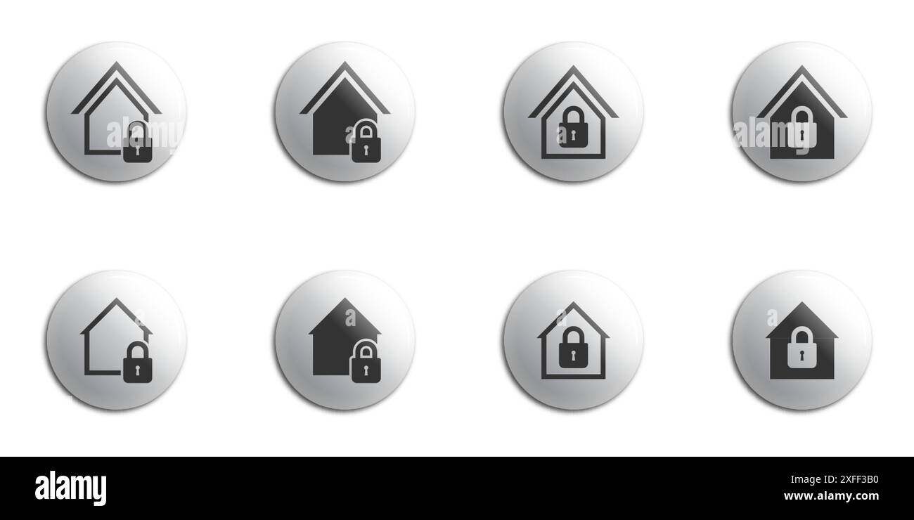 Lock house under protection icon set. Lockdown symbol. Safe home sign ...