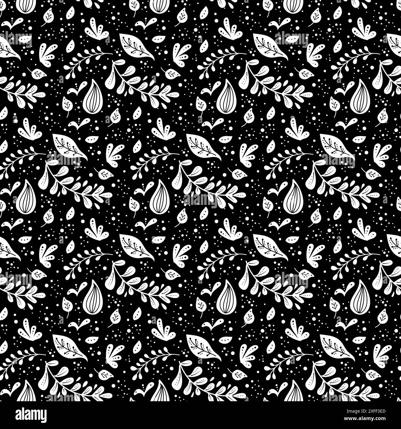 Seamless neo folk art vector pattern with flowers, black and white ...
