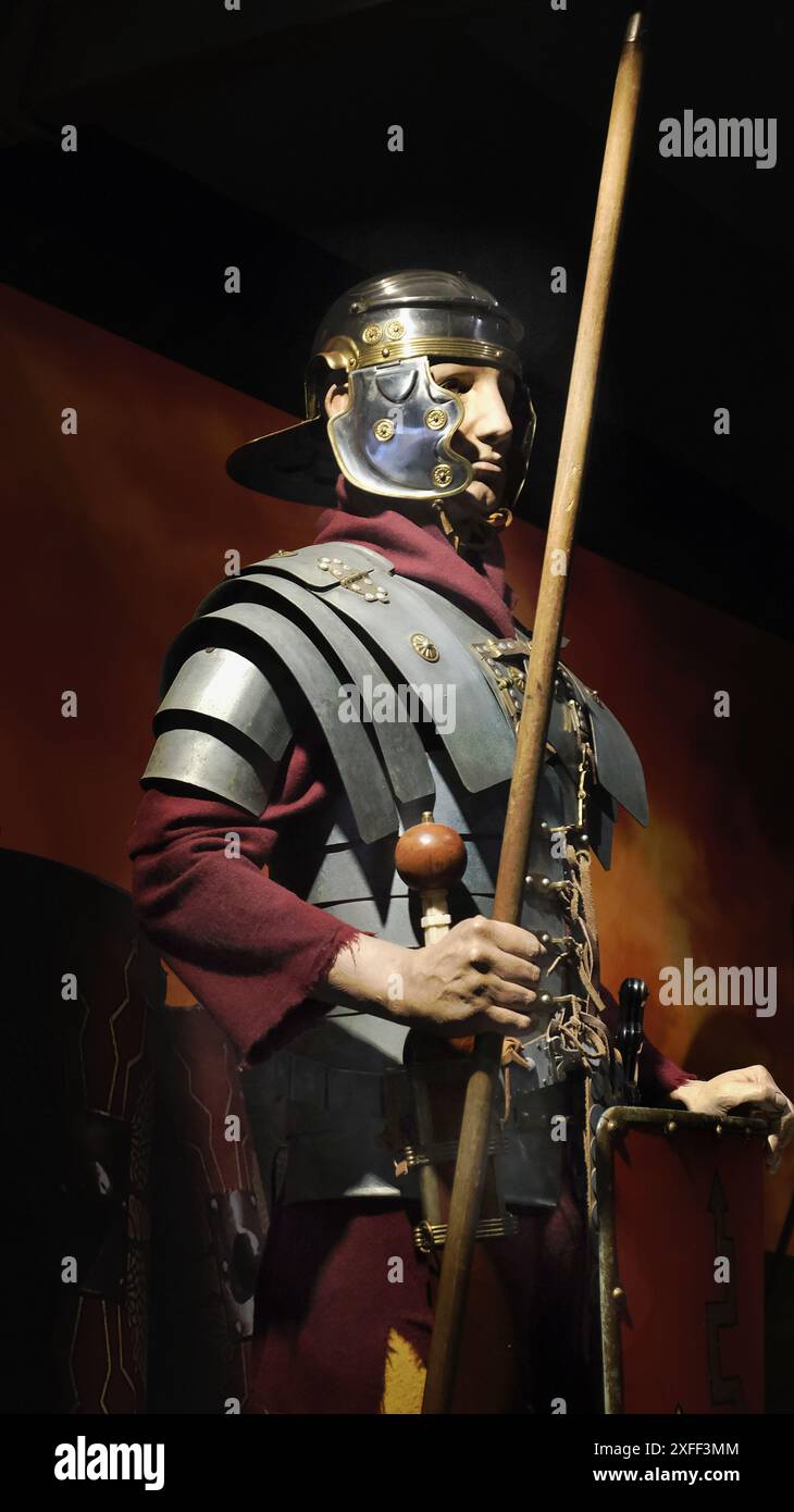 Roman soldier armpour, weapons and helmets at Vindolanda museum Stock ...