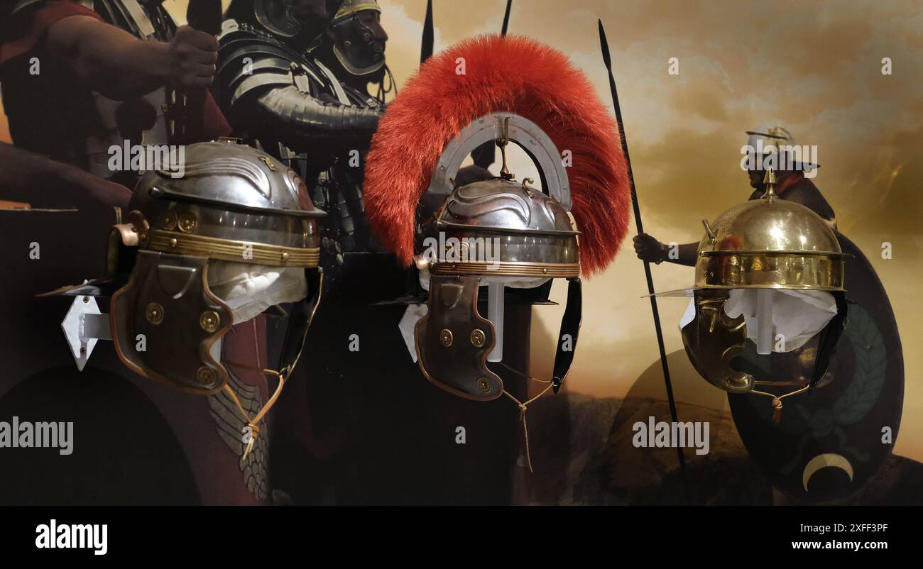 Roman soldier armpour, weapons and helmets at Vindolanda museum Stock ...