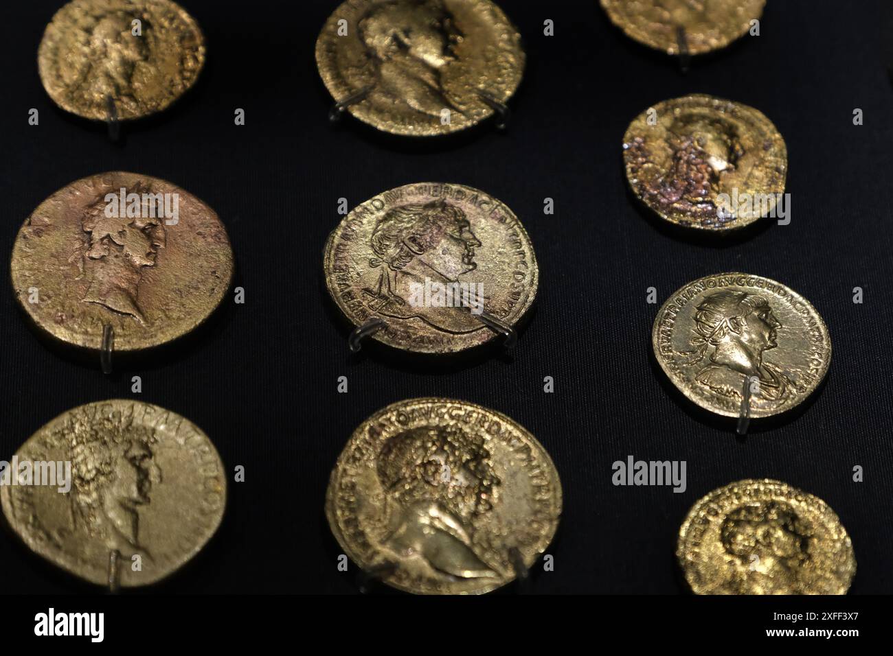 Roman coins in the Vindolanda Roman for museum, Hexham, Northumberland ...