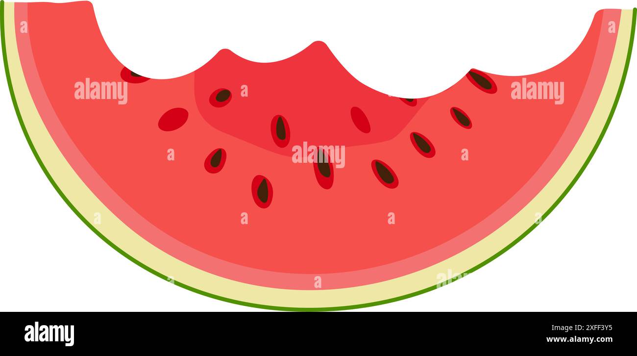 Watermelon rind. Bitten watermelon slice with green rind, red flesh and ...