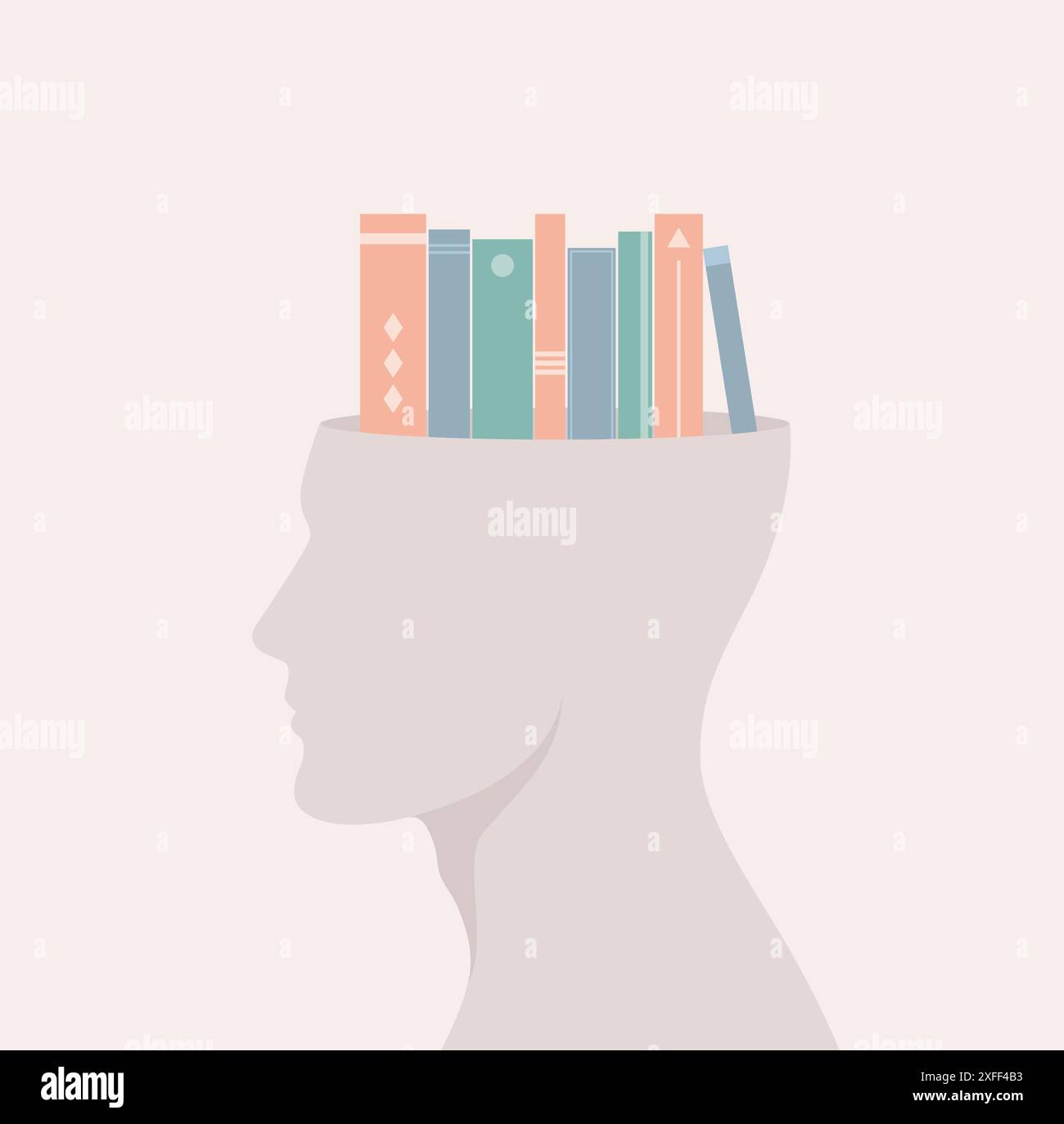 Side silhouette of a man with books inside his head. Flat vector ...