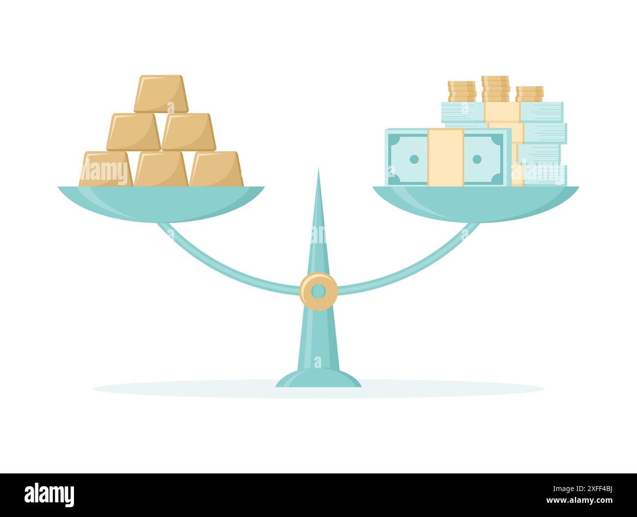 Gold bars and stacks of money on scales isolated on a white background. Flat vector illustration ...