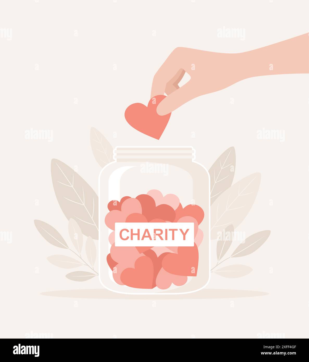 A hand throwing a heart into a charity jar. Flat vector illustration ...