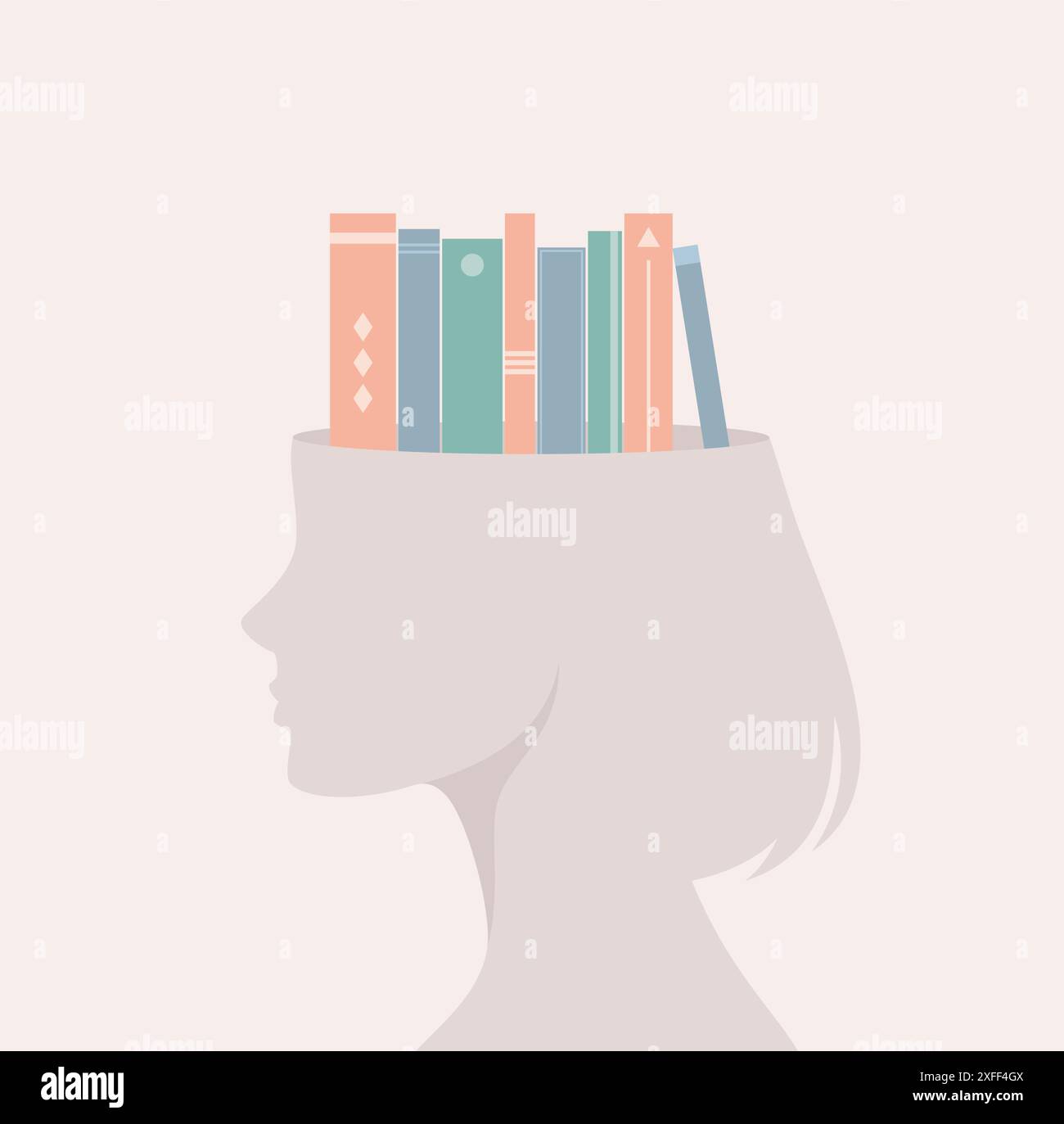 Side silhouette of a woman with books inside her head. Flat vector ...